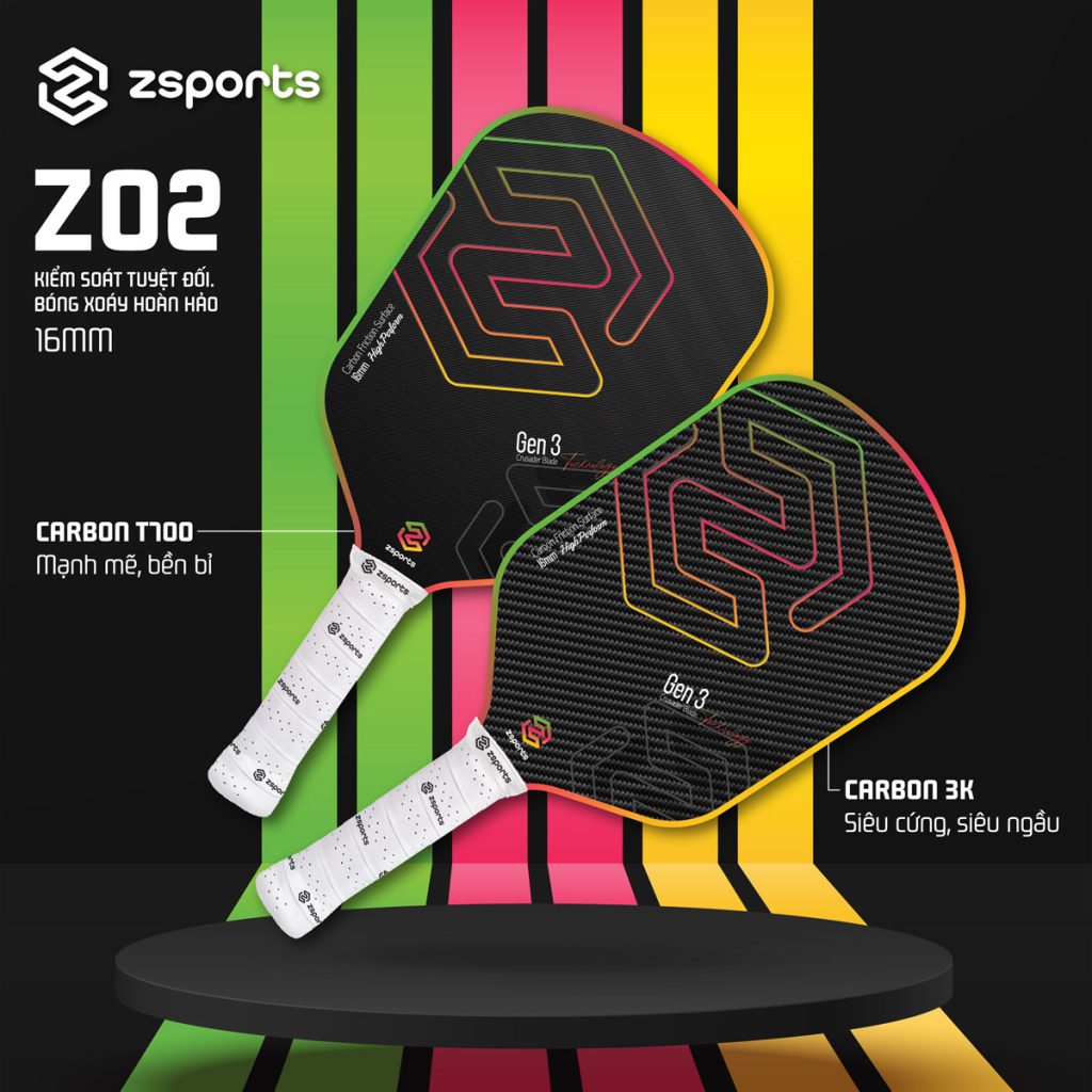 Vợt Pickleball ZSPORTS Z02 Lõi Gen 3 Core 14mm - 16mm, Mặt Carbon T700/3k